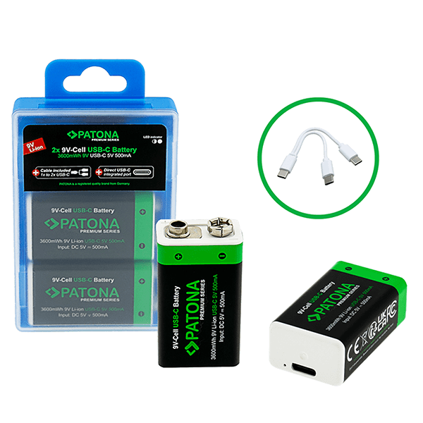 Rechargeable 6F22 battery 9 Volt block from Patona